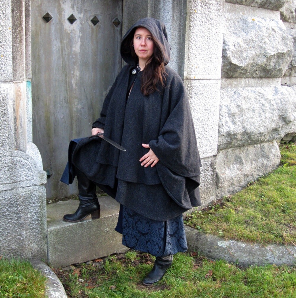 Double Cape Wool Cape Charcoal Grey Cape Cape With Hood Hooded Cape - Etsy