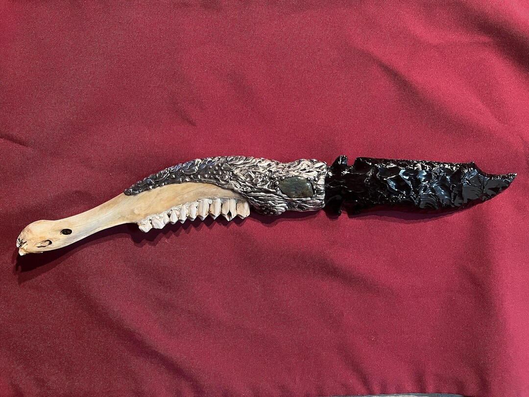 Black Obsidian Knife Elk Jaw Bone Athame Dagger Blade Labradorite ...