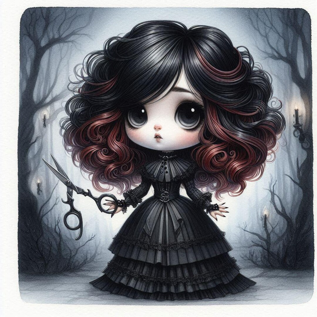 Scary Scissors Watercolor Girl Clipart: Dark Woods Scene (10 JPG Files ...