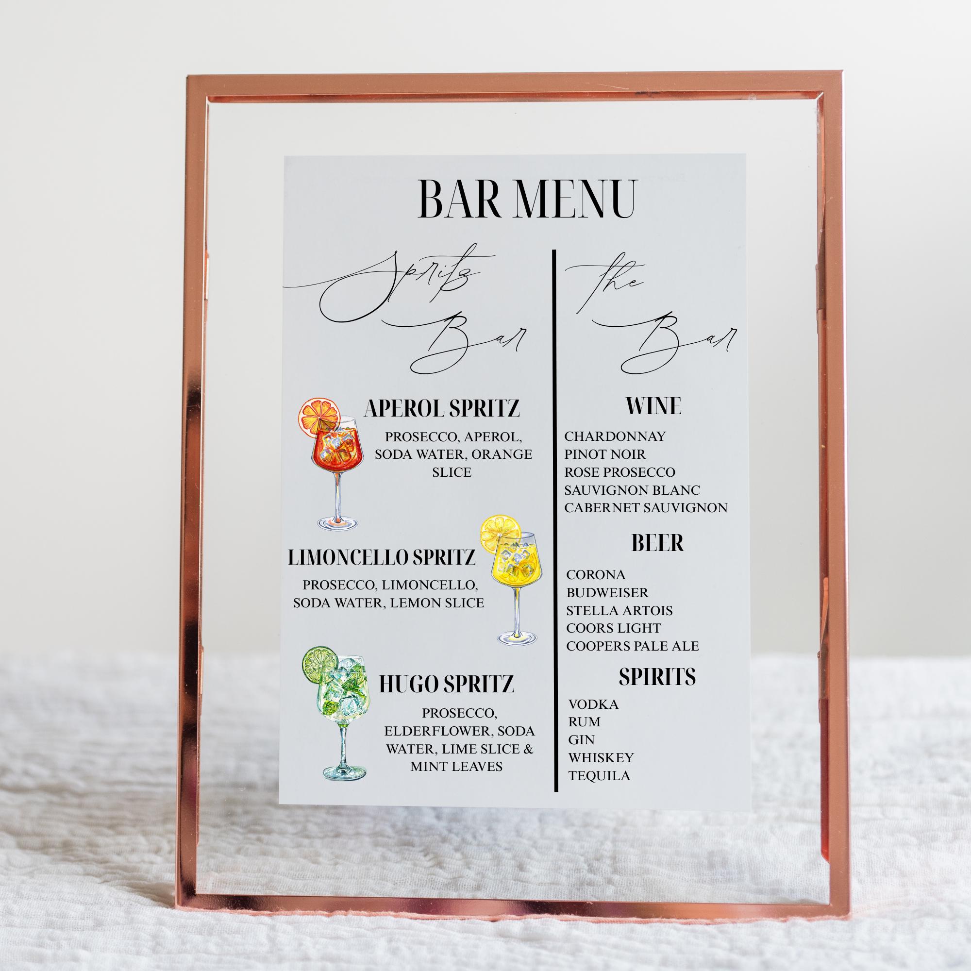 Editable Spritz Bar Menu Sign: Wedding Cocktail Canva Template (digital ...