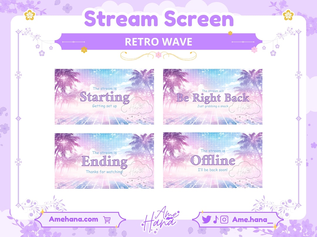 Retro Wave Stream Screens: Starting, BRB, Ending, Offline (PNG Digital ...