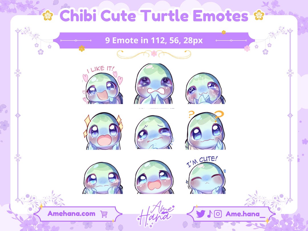 Chibi Cute Turtle Twitch Emote Pack 9x, Twitch Emotes, Emoji Emote Pack ...