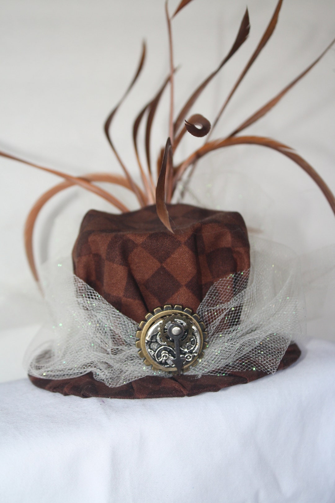 Steampunk Mini Hat- Brown Checkered With Gears and Feather - Etsy