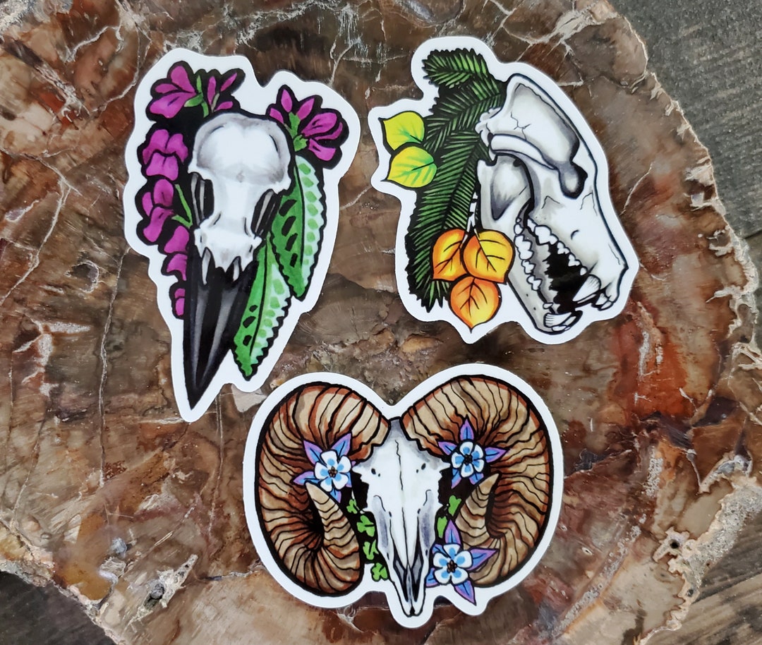 Botanical Skull Sticker Trio: Wolf, Ram, Raven - Vulture Culture - Etsy