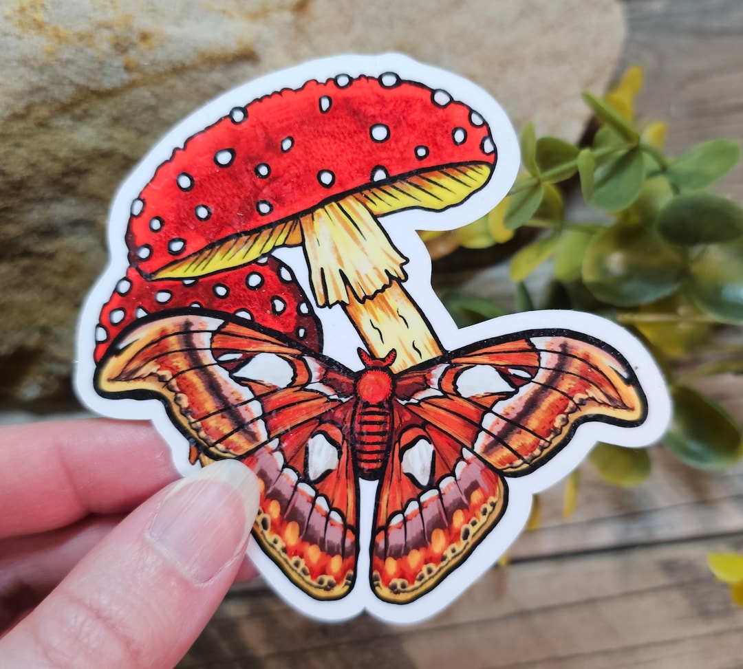 Atlas Moth With Red Mushrooms Sticker - 3.75 Inch Glossy Sticker ...