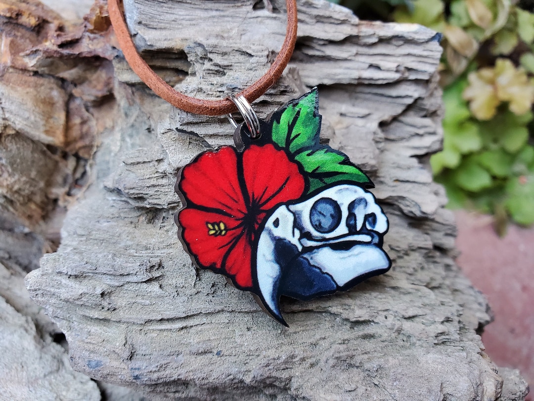 Scarlett Macaw Skull - Hibiscus Flower - Wooden Pendant and Necklace ...