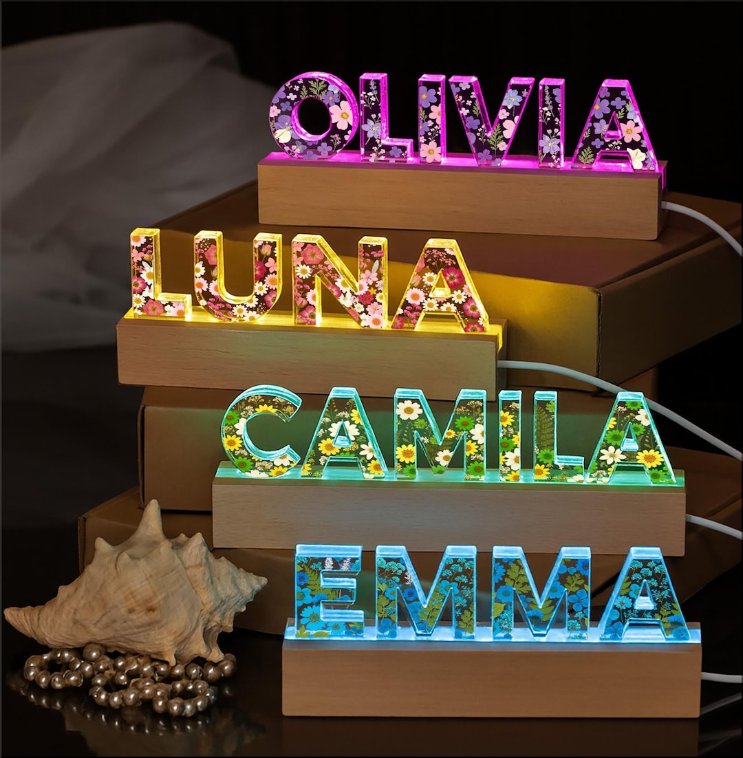 Personalized Floral Acrylic Name Lamp With LED RGB Light, Custom ...
