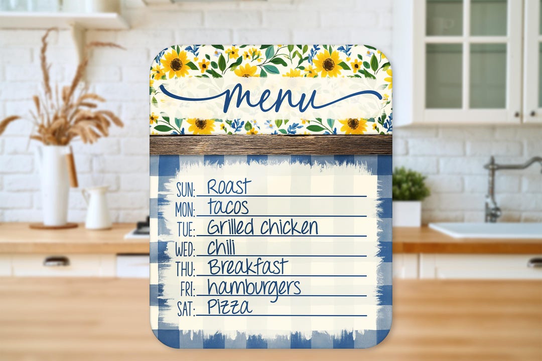 DIGITAL FILE Navy Blue Buffalo Plaid Sunflower Floral Menu Dry Erase ...