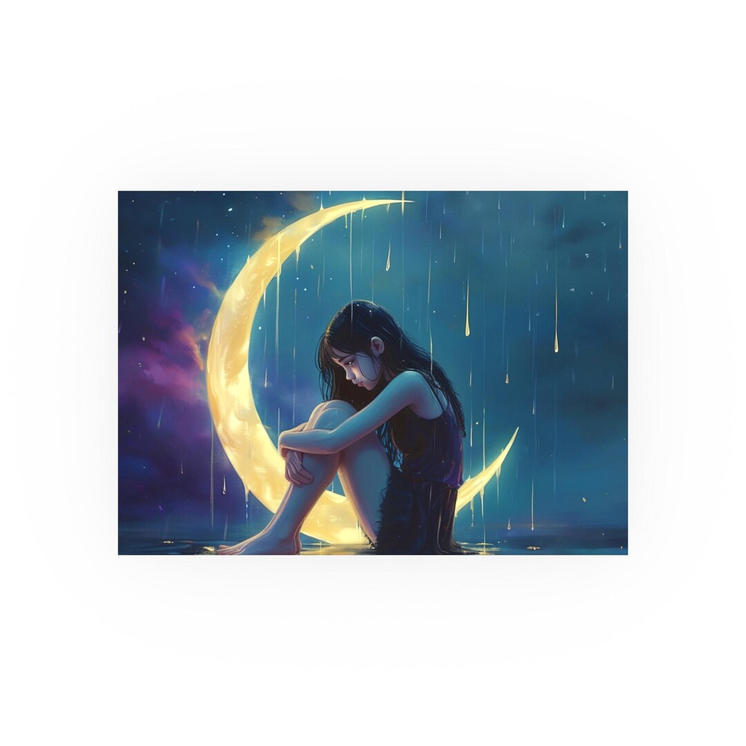 Poster Print, Rainy Background Sad Girl Sitting Moon, Satin Matte Wall ...