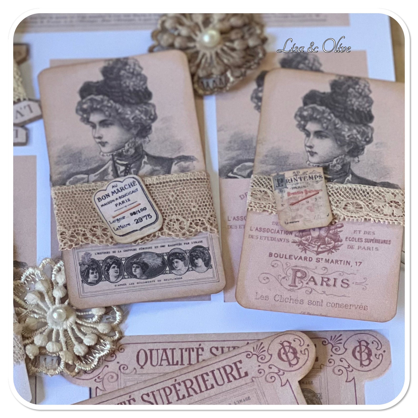 Digital Vintage French Ephemera Haberdashery Lace Spool Cards Thread Card 7 Samples Great for ...