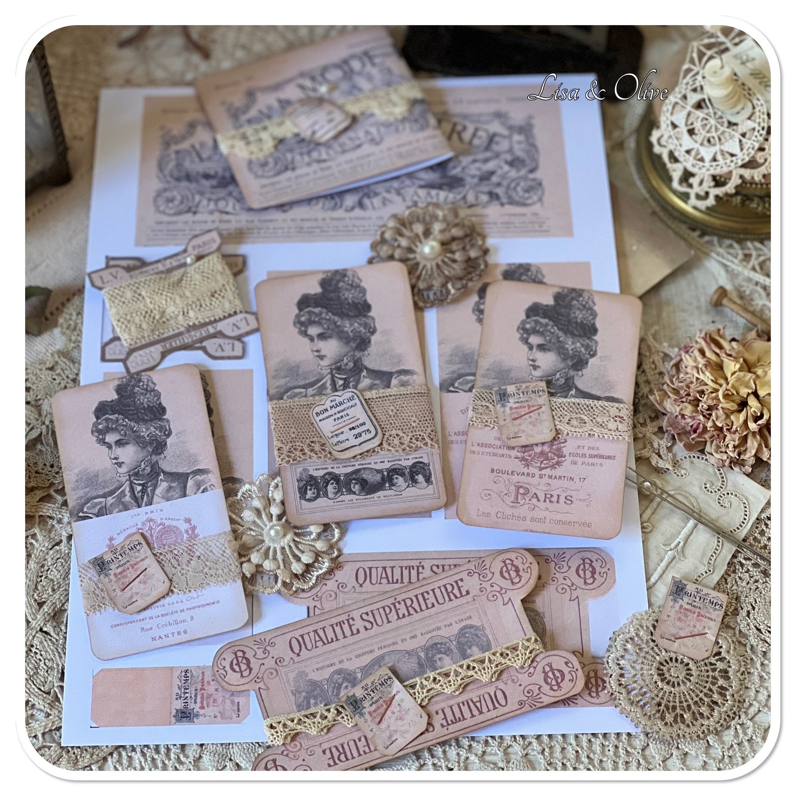 Digital Vintage French Ephemera Haberdashery Lace Spool Cards - Etsy