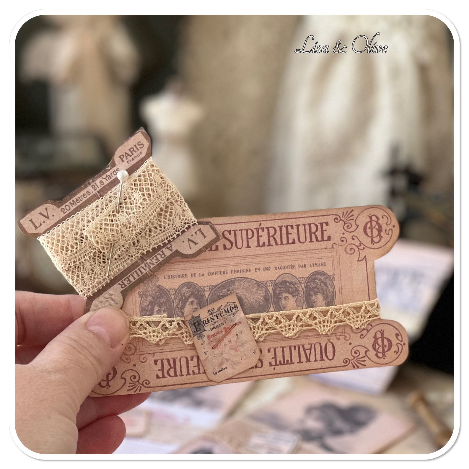 Digital Vintage French Ephemera Haberdashery Lace Spool Cards Thread Card 7 Samples Great for ...