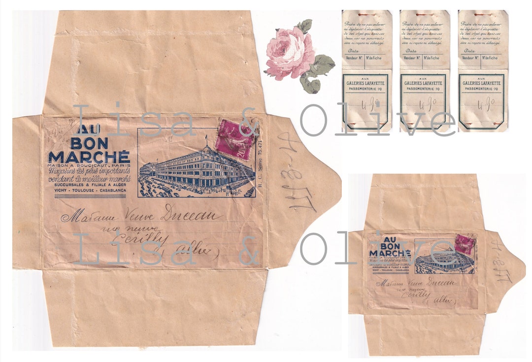 Digital Antique French Envelopes and Small Lace Sample Tags Vintage ...