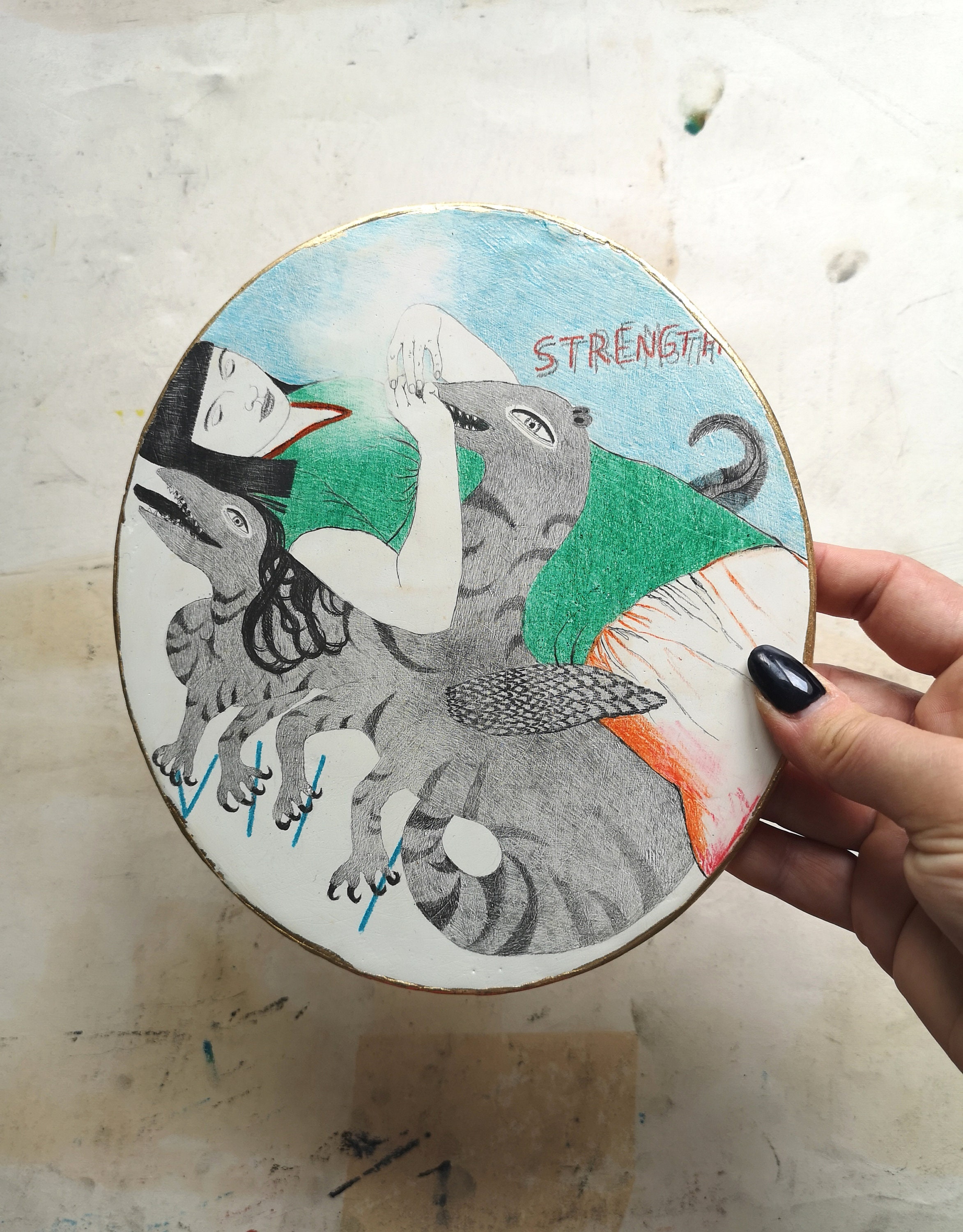 Strength, Tarot Card, Oval, Pencil Drawing, Air Dry Clay, Green, Golden ...