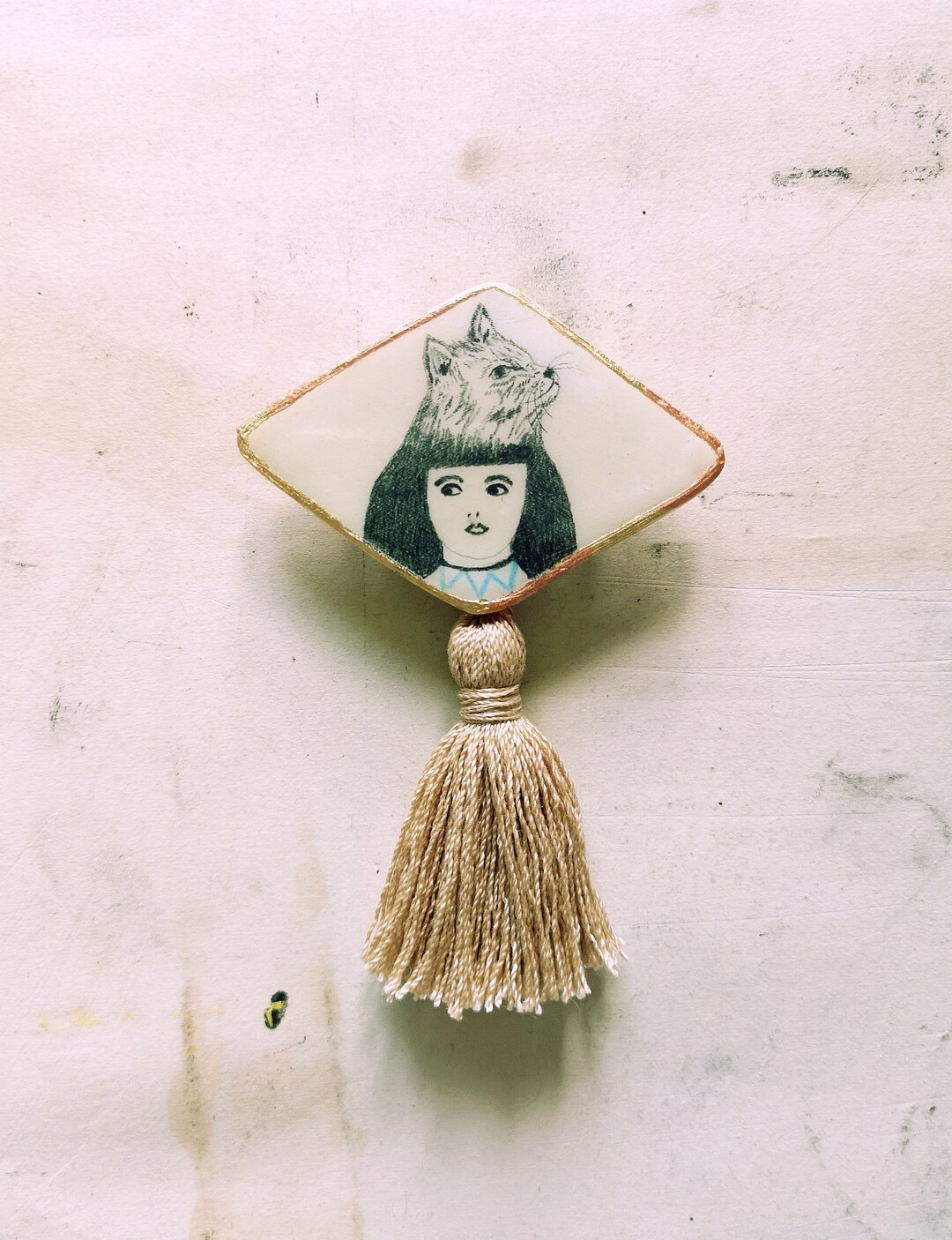 Cat Clay Pin: Pencil Drawing Girl Portrait Brooch With Tassel - Etsy