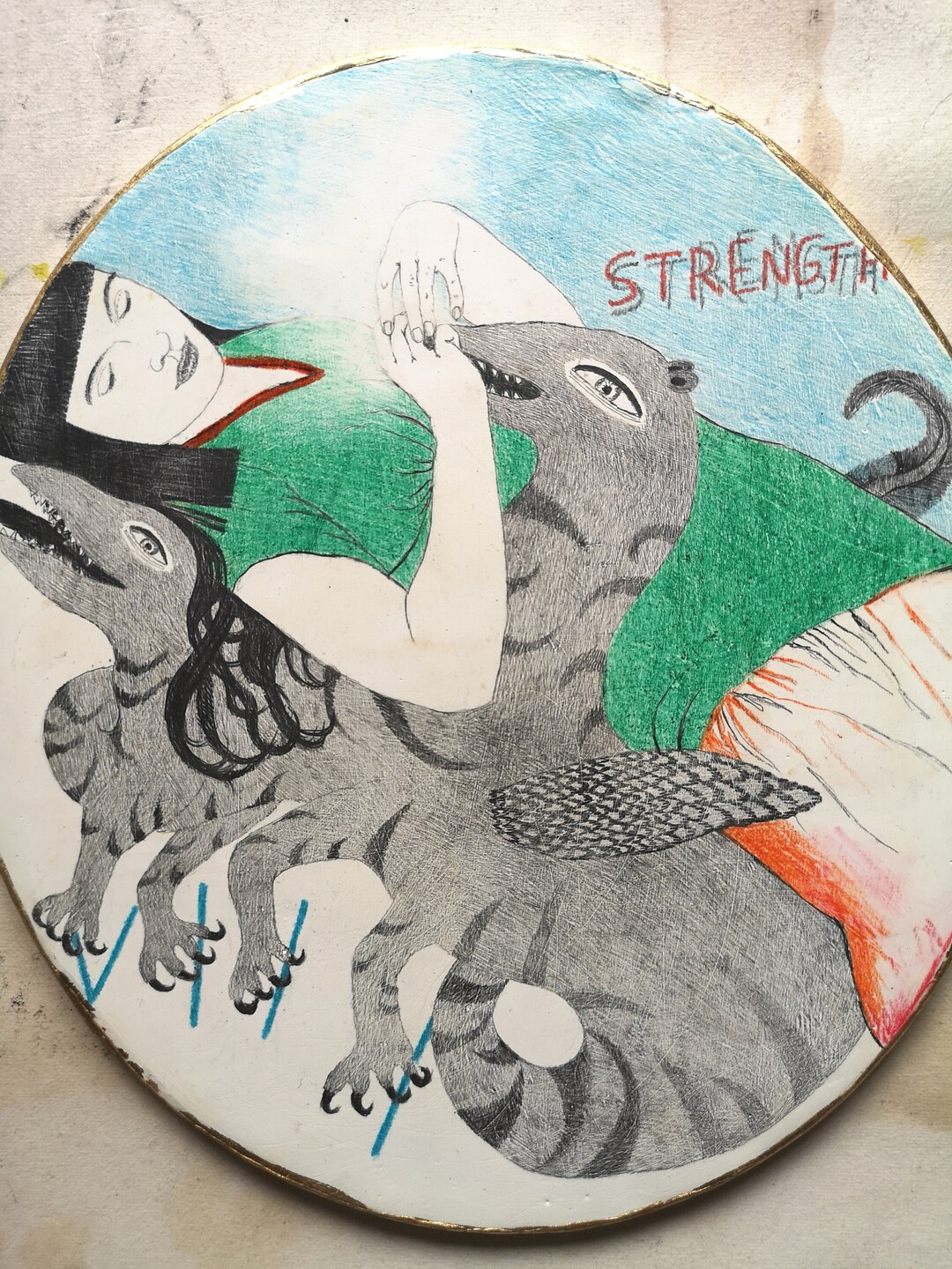 Strength, Tarot Card, Oval, Pencil Drawing, Air Dry Clay, Green, Golden ...