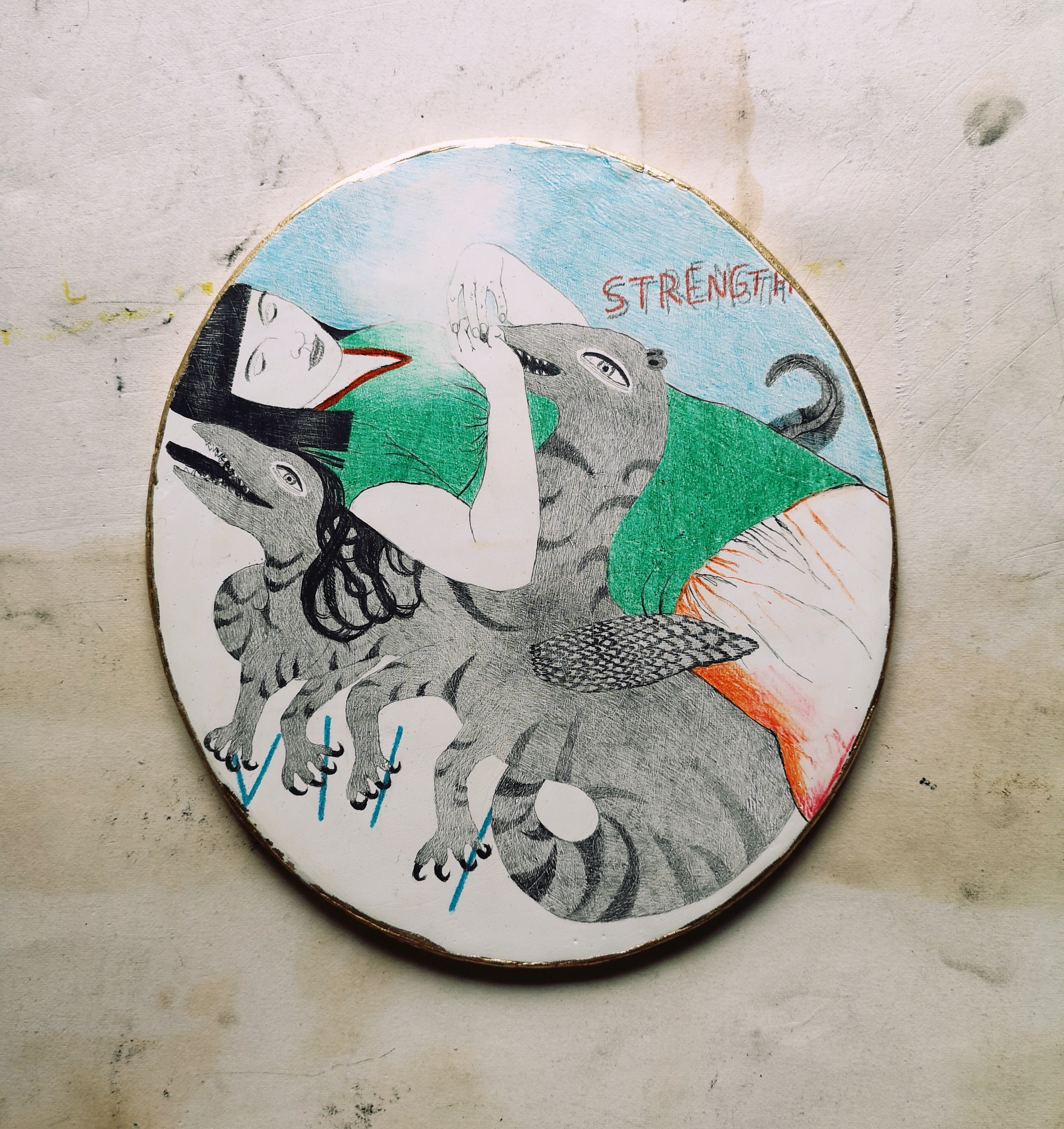 Strength, Tarot Card, Oval, Pencil Drawing, Air Dry Clay, Green, Golden ...