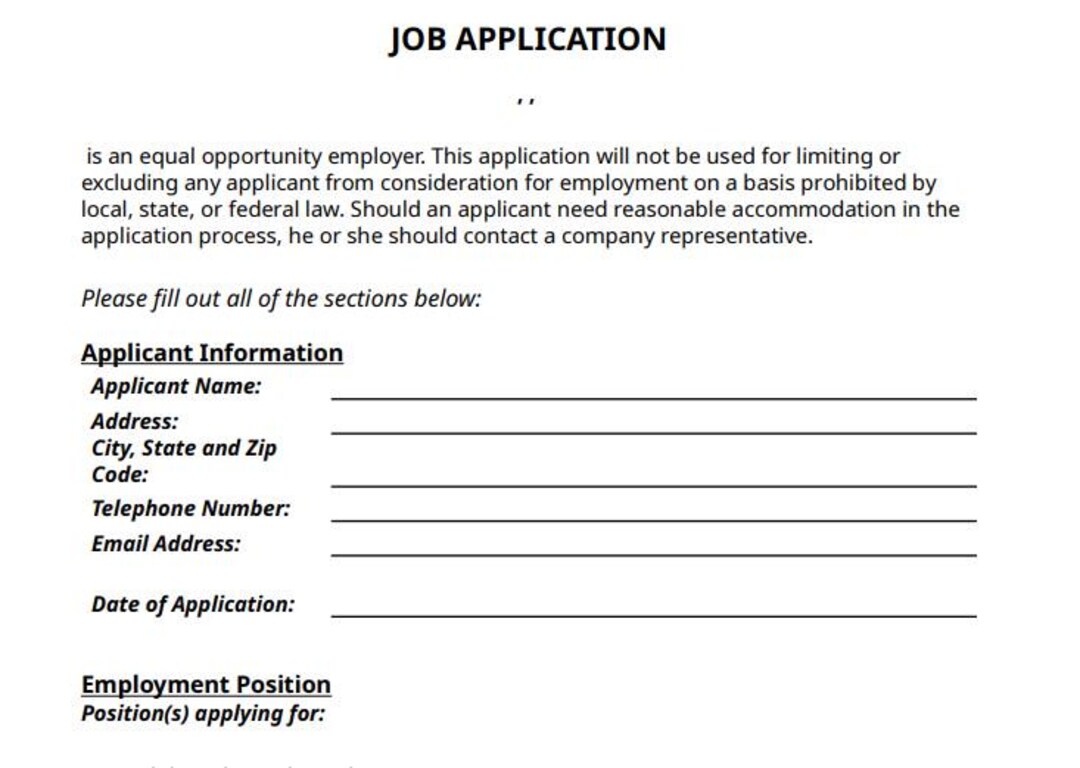 Editable Job Application Form, Printable PDF Template for Employment ...