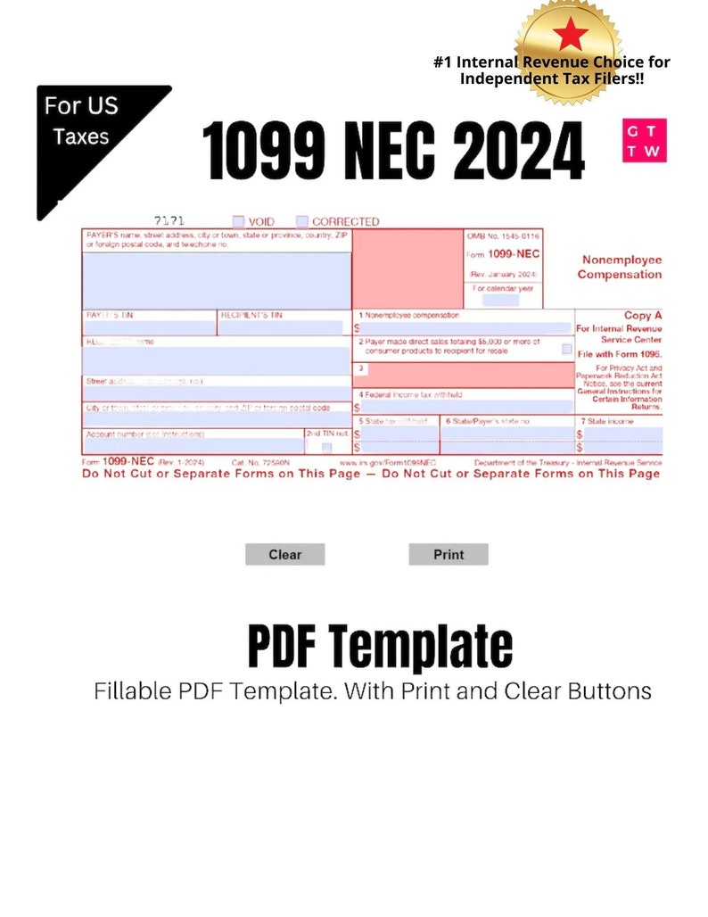 1099 NEC Editable PDF Fillable Template 2024 | With Print and Clear ...