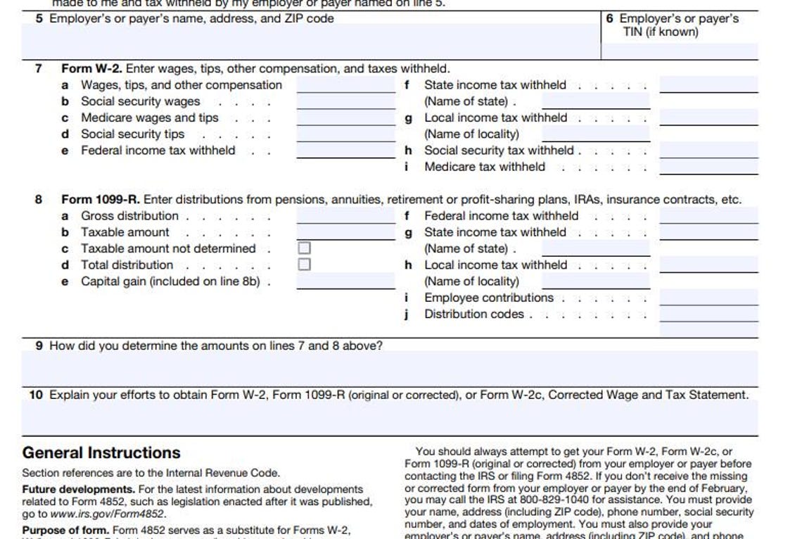 Form 4852 Printable Template Form 4852 Irs Form 4852, Irs Form 4852 for ...