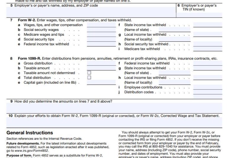 Form 4852 Printable Template Form 4852 Irs Form 4852, Irs Form 4852 for ...