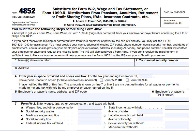Form 4852 Printable Template Form 4852 Irs Form 4852, Irs Form 4852 for ...