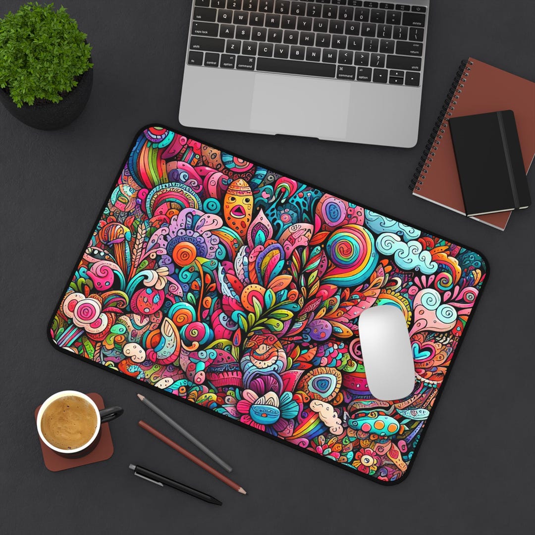 Trippy Colorful Desk Mat, Fun Doodles XL Mouse Pad - Etsy