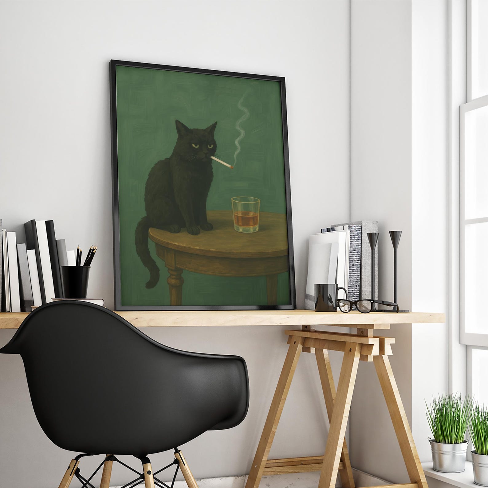 Moody Black Cat Poster – Smoking Cat With Whiskey Dark Humor Wall Art ...