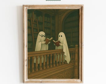 Ghost Poster, Ghost Reading Book in Dark Academia Library, Halloween ...