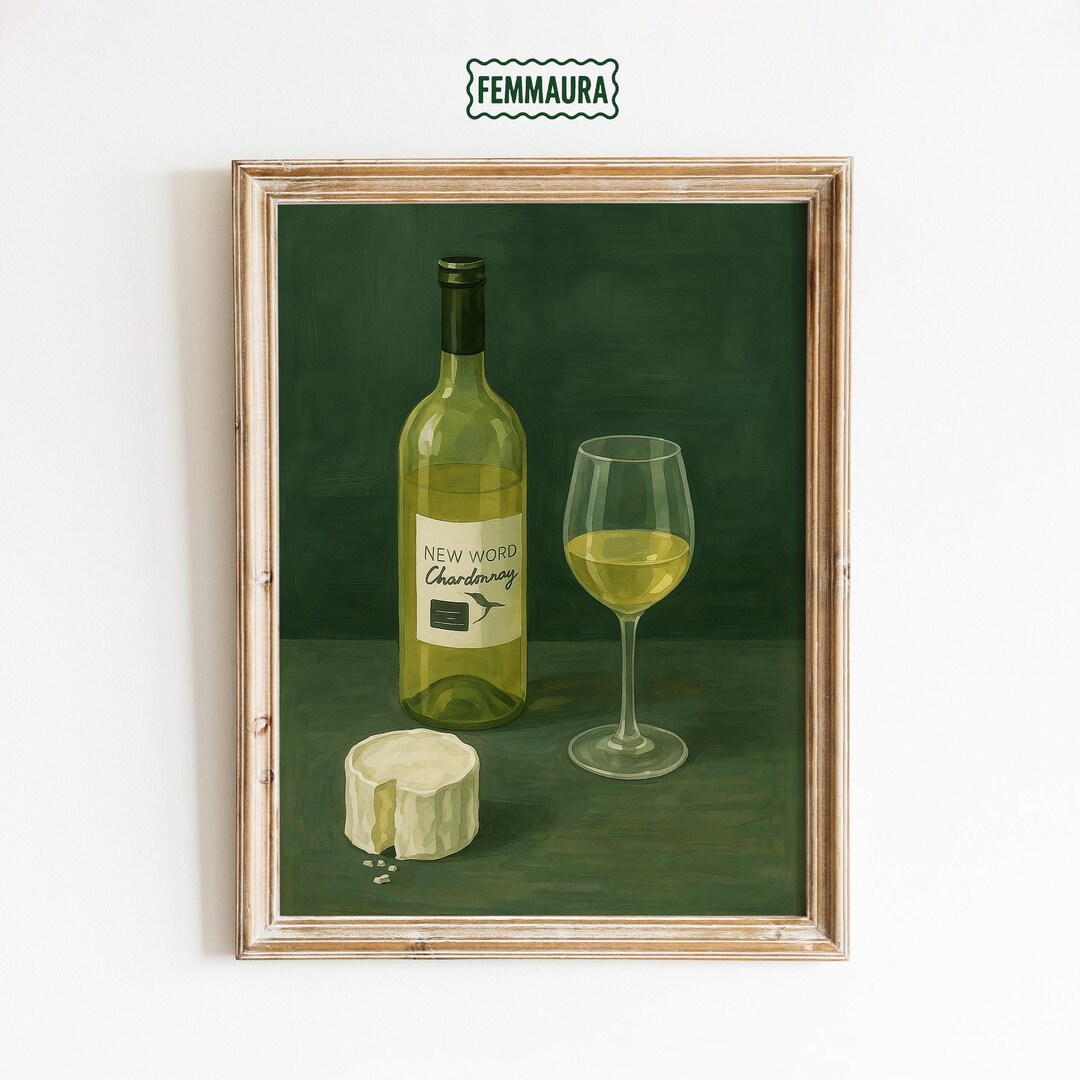 Chardonnay & Cheese Poster – Minimal French Wine Art Print, Olive Green ...