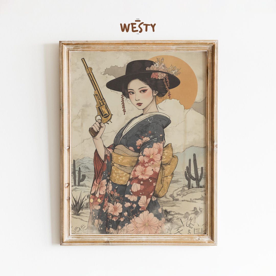 Geisha Gunslinger Poster | Retro Japanese Western Art | Samurai Wall ...