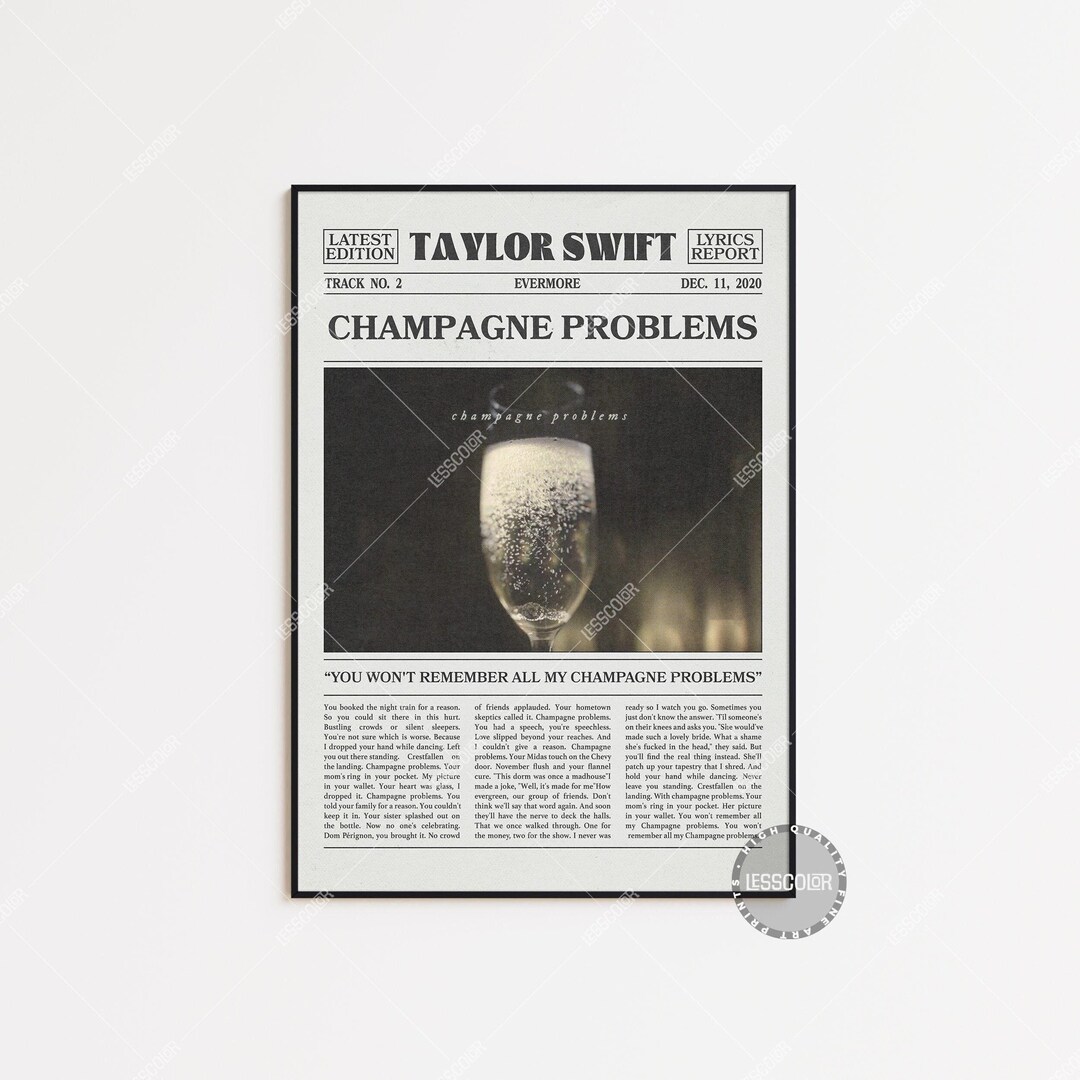 Taylor Swift Retro Newspaper Print, Champagne Problems Poster, Lyrics ...