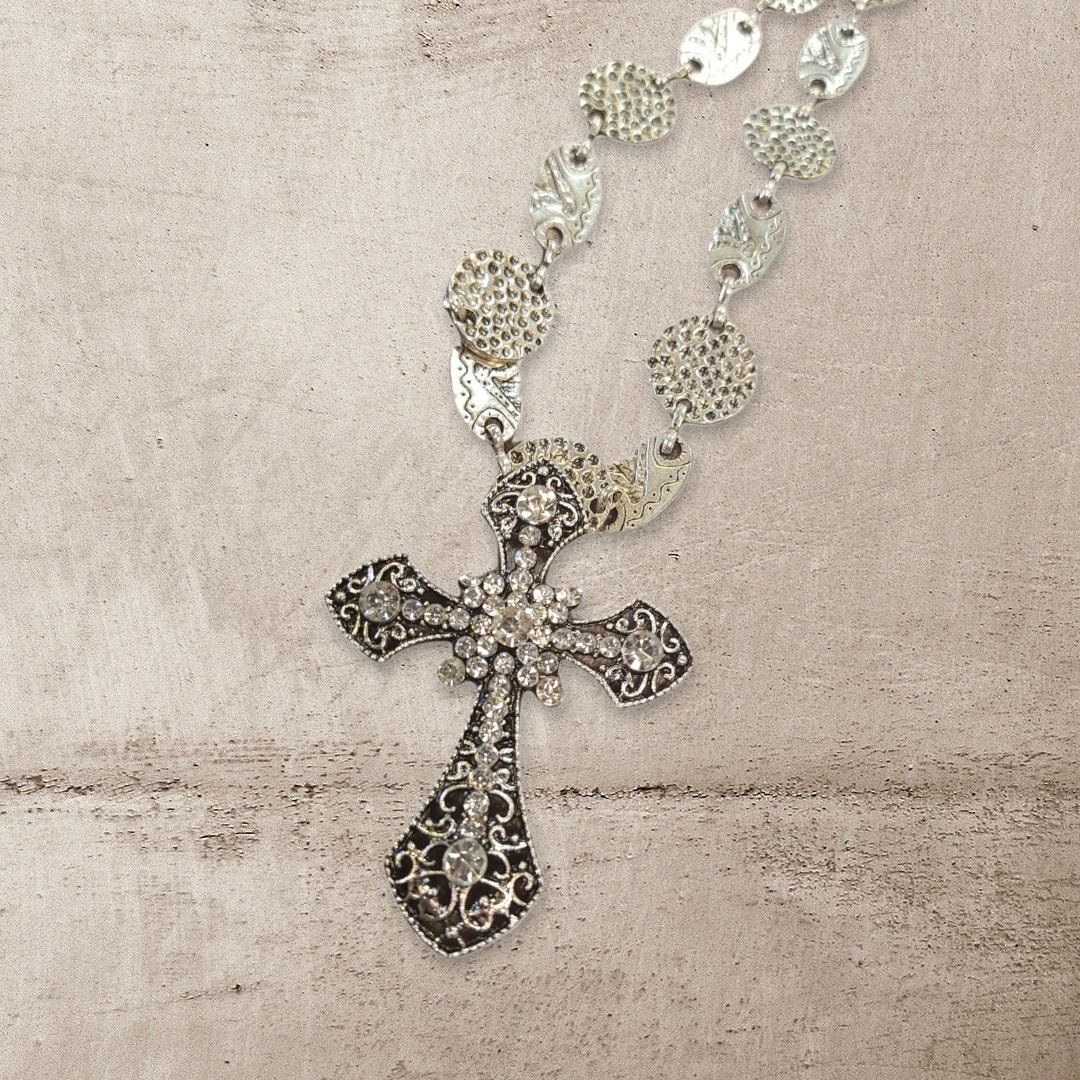 Long Cross Necklace Silver Ornate Cross Pendant Necklace Large Cross