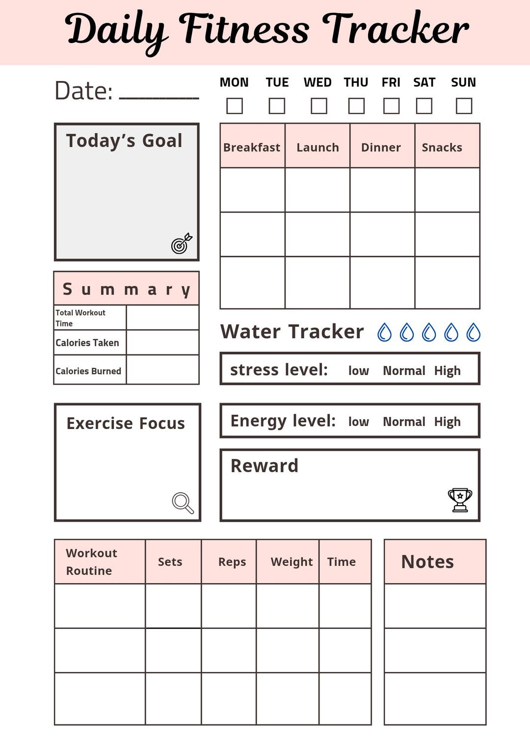 Daily Fitness Tracker: Printable Workout, Meal & Wellness Log (PDF) - Etsy