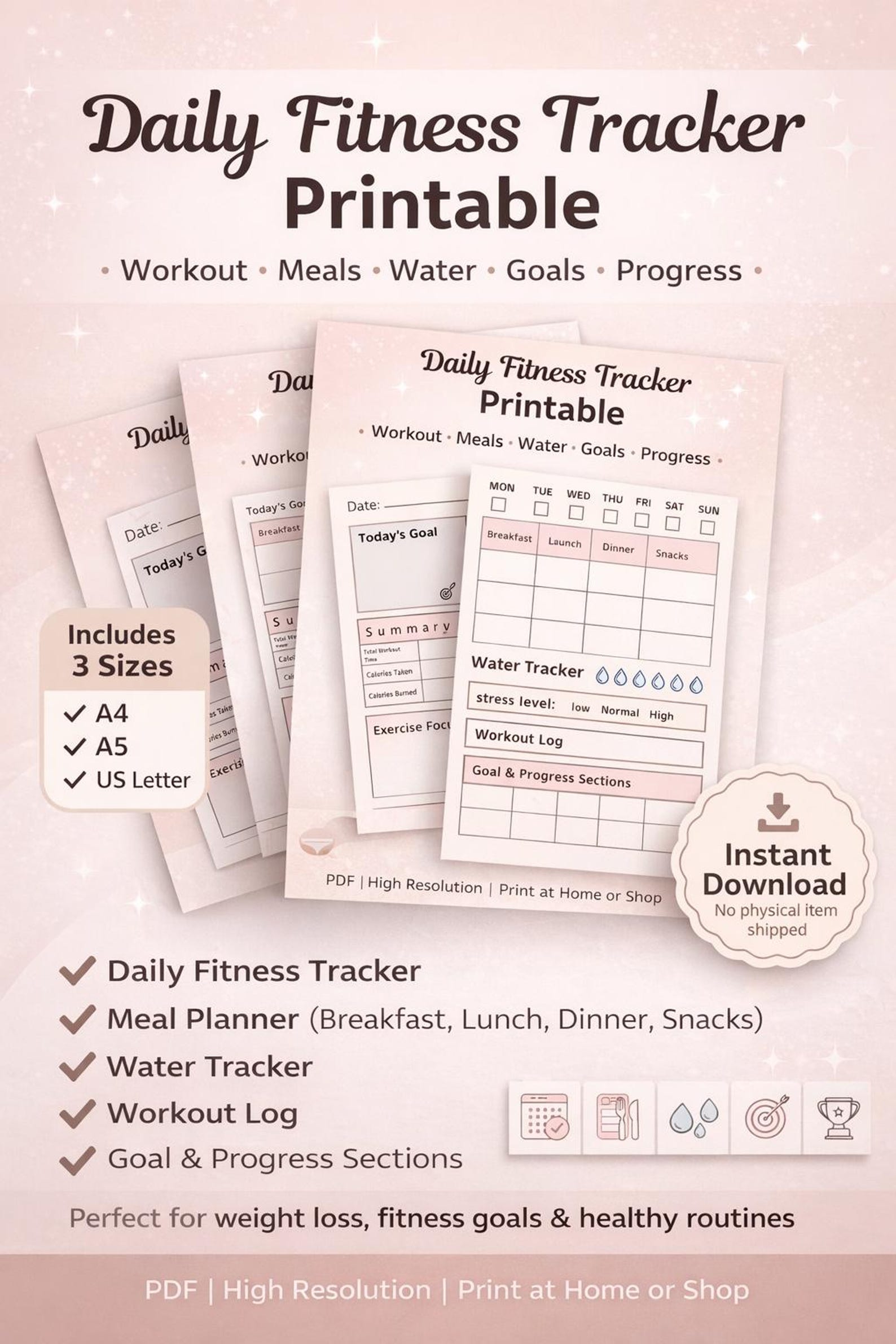 Daily Fitness Tracker: Printable Workout, Meal & Wellness Log (PDF) - Etsy
