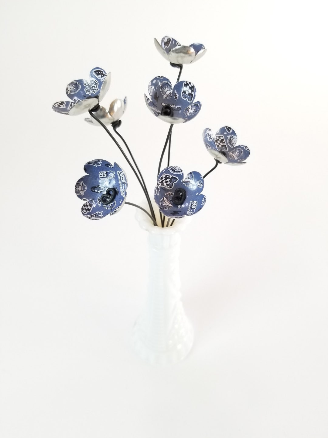 Race Car Blue Gray Bouquet Forever Blooming Flowers Repurposed Art ...