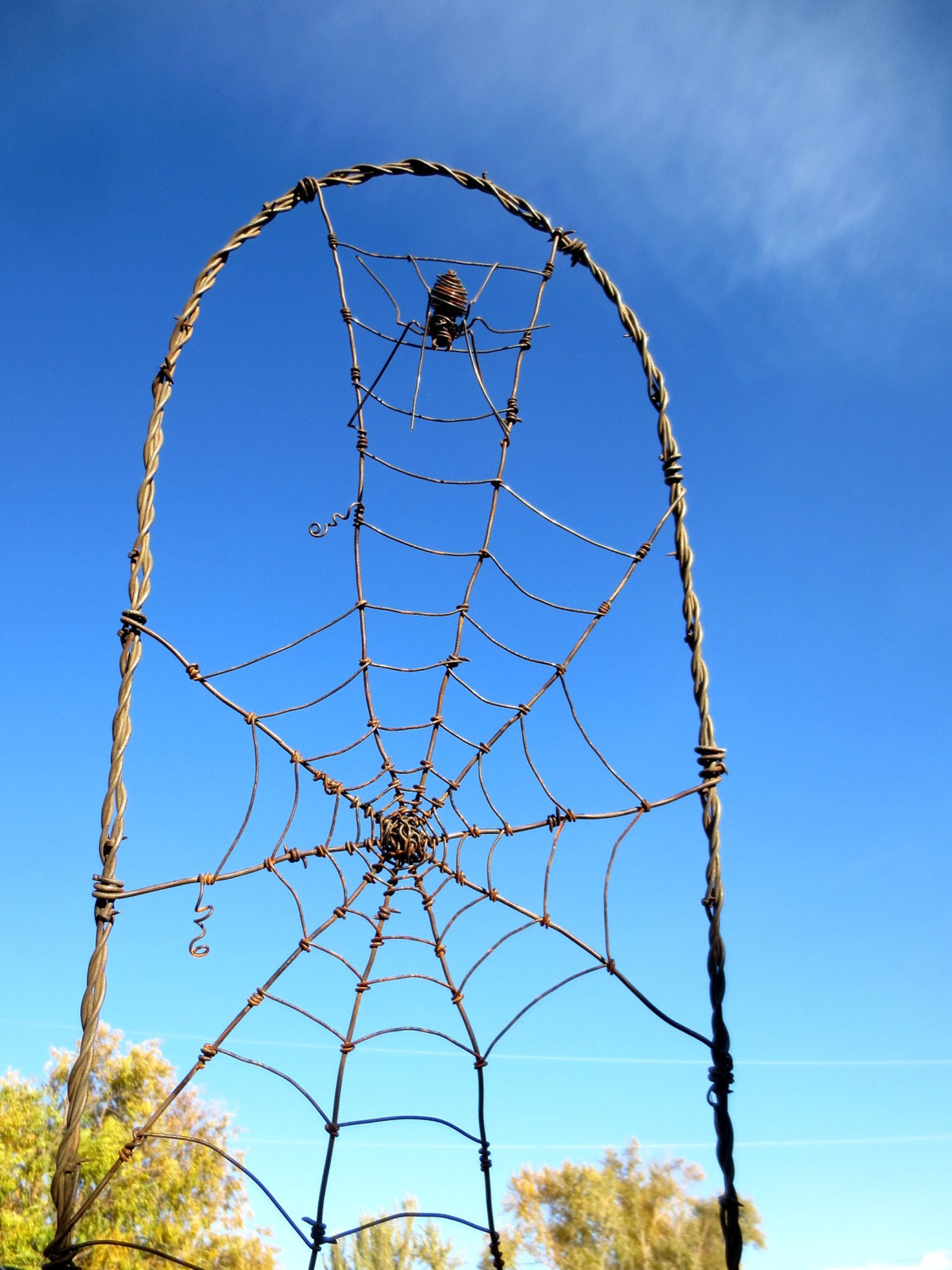 Spider in A Tattered Web Barbed Wire Garden Trellis Made to Order - Etsy