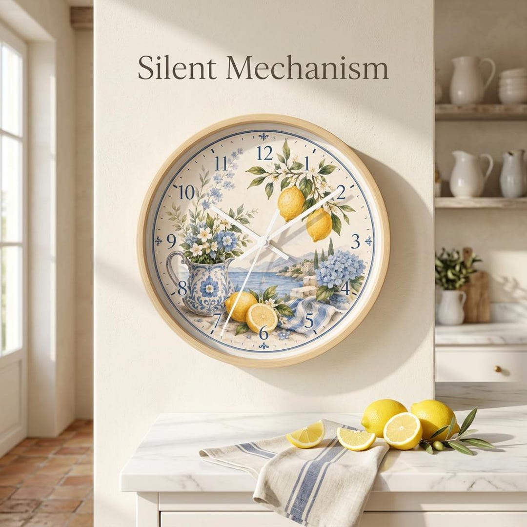 Lemon & Blue Hydrangea Wall Clock | Cottage Kitchen Decor - Etsy