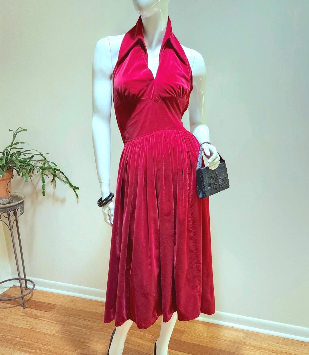 Authentic Vintage '50s Kay Selig Ruby Red Velvet Halter Dress - Sexy Marilyn Monroe-style Party ...