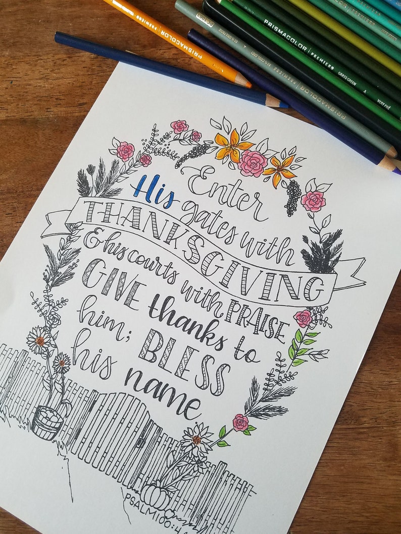 Enter His Gates With Thanksgiving Bible Verse Art Coloring Page Sunday ...