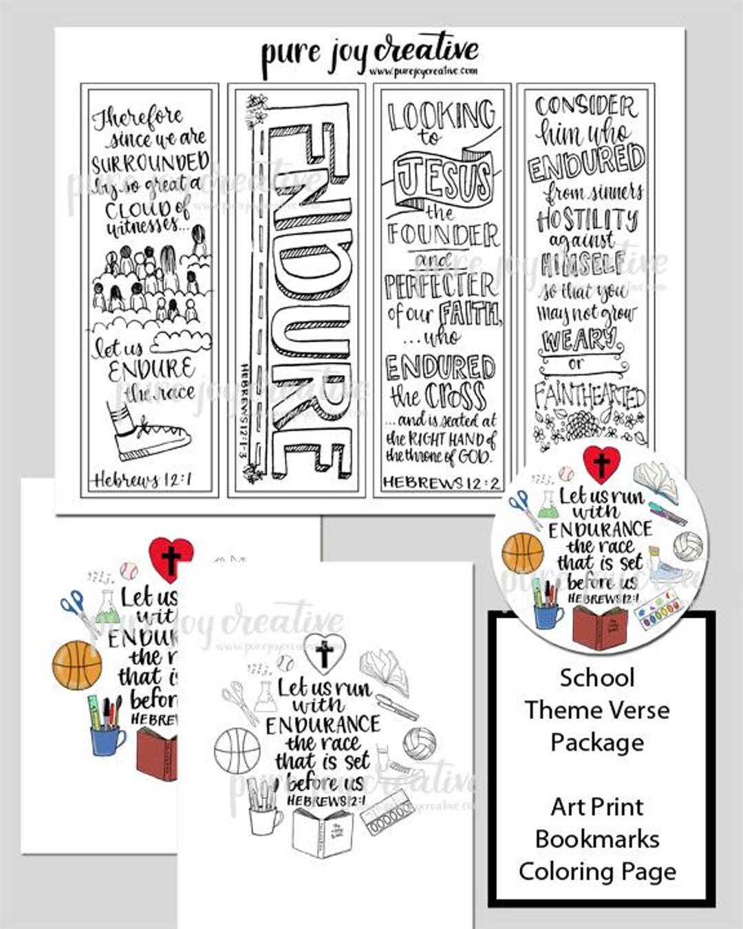 Hebrews 12:1-3 School Theme Verse Printable Bundle Endure Bookmarks ...