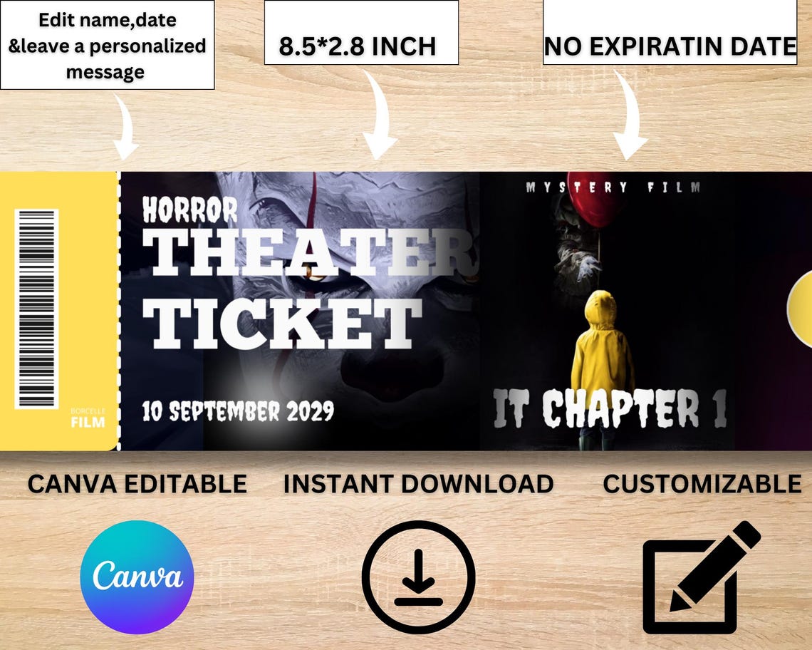 Editable Surprise Theater Ticket Template: Movie Lover Gift (digital ...