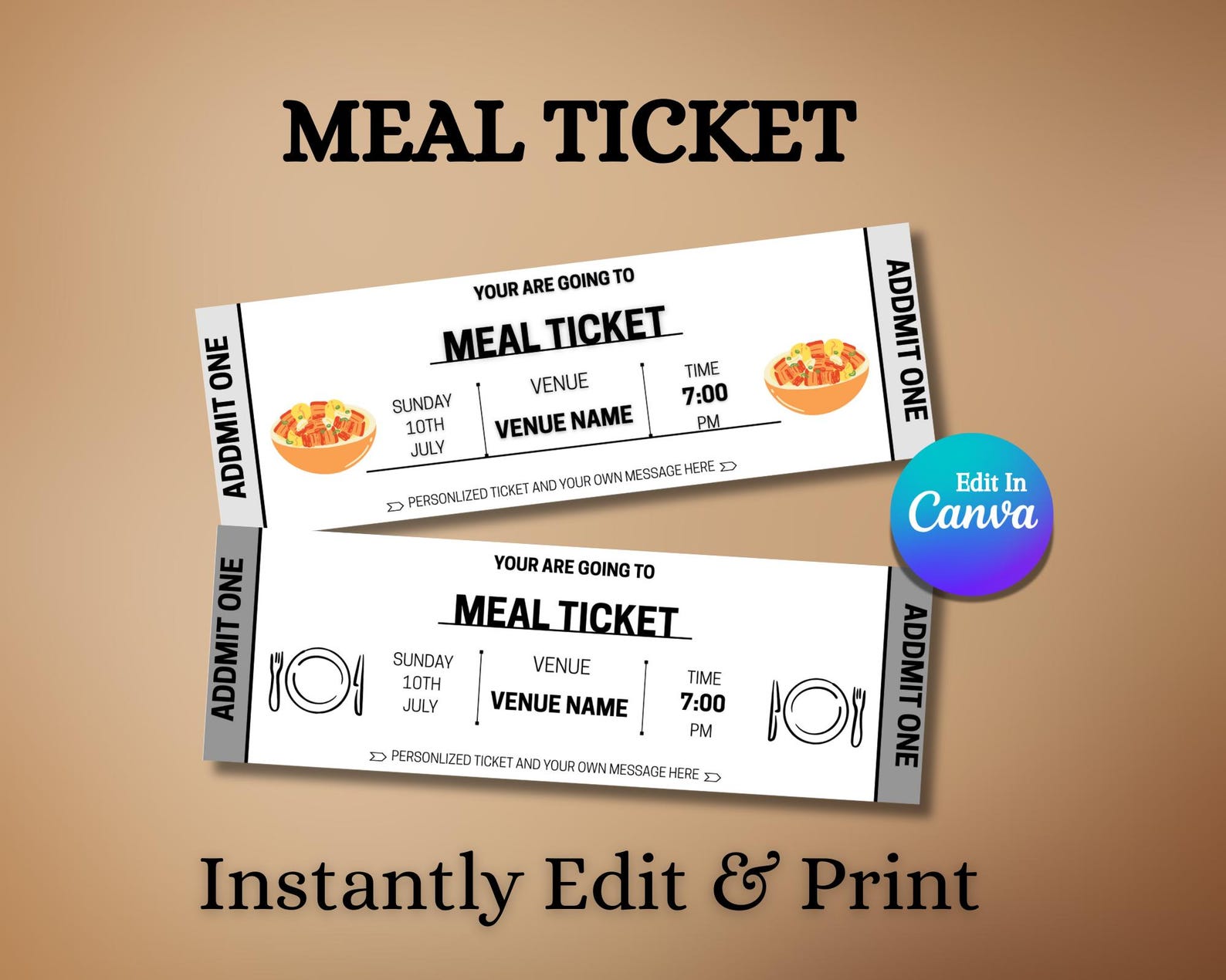 Editable Meal Ticket Template: Printable Food Voucher, Party Favor ...