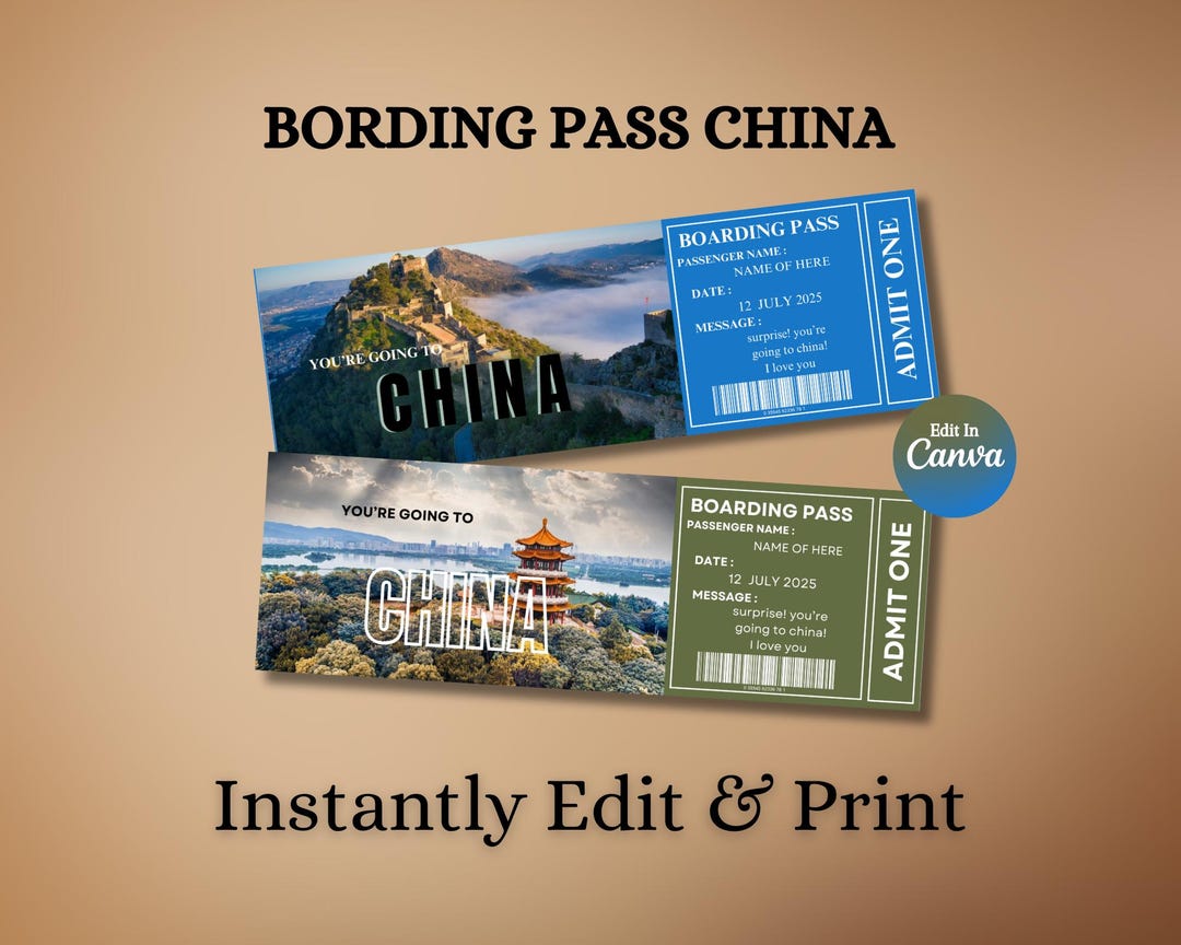 China Trip Boarding Pass Editable Travel Ticket, Printable Surprise ...