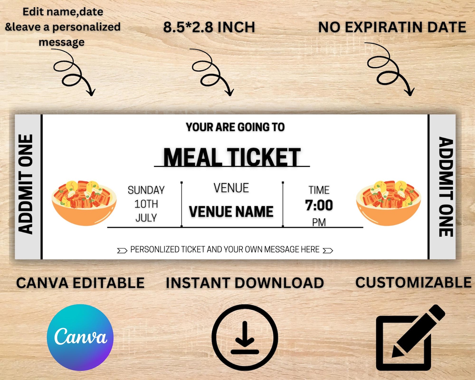 Editable Meal Ticket Template: Printable Food Voucher, Party Favor ...