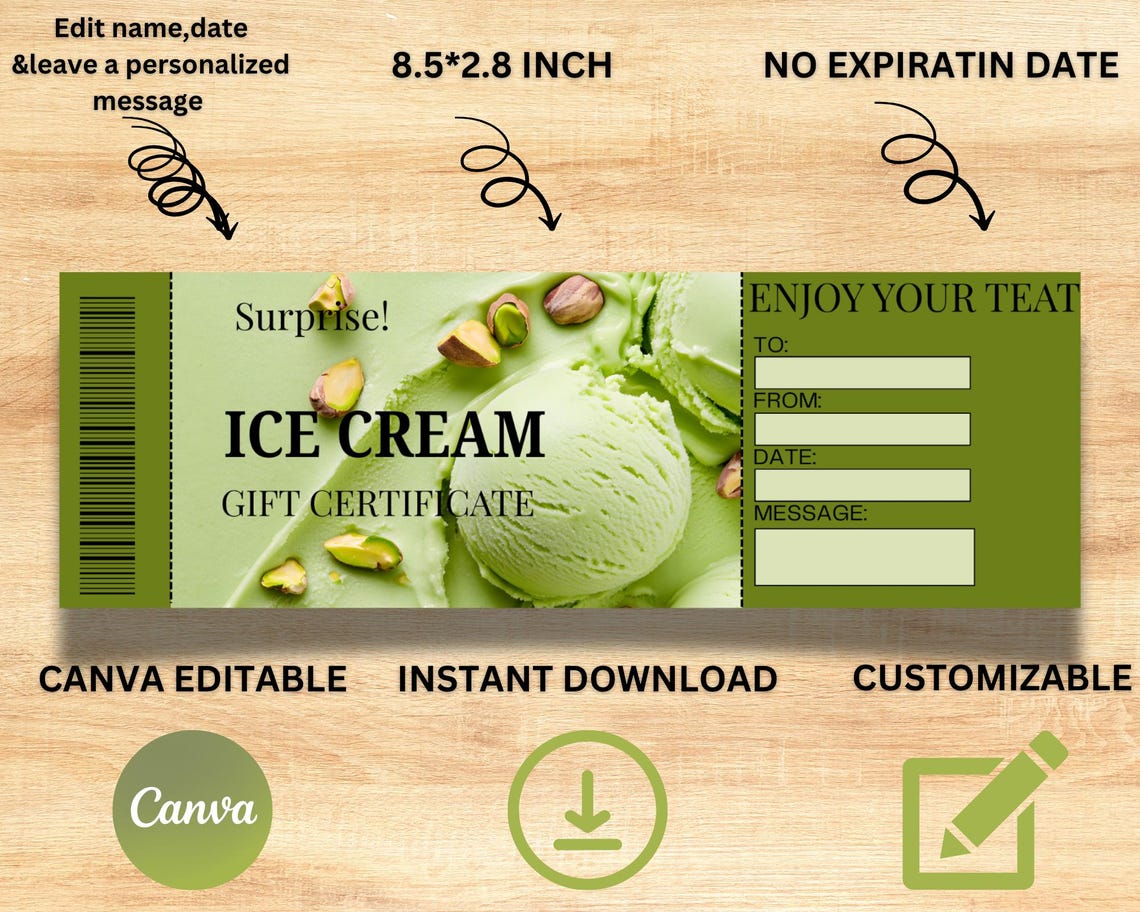 Editable Ice Cream Gift Certificate: Printable Treat Ticket (digital ...