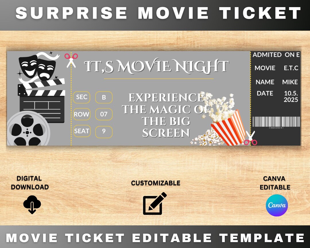 Editable Movie Night Ticket Template | Surprise Movie Invitation | Gift ...