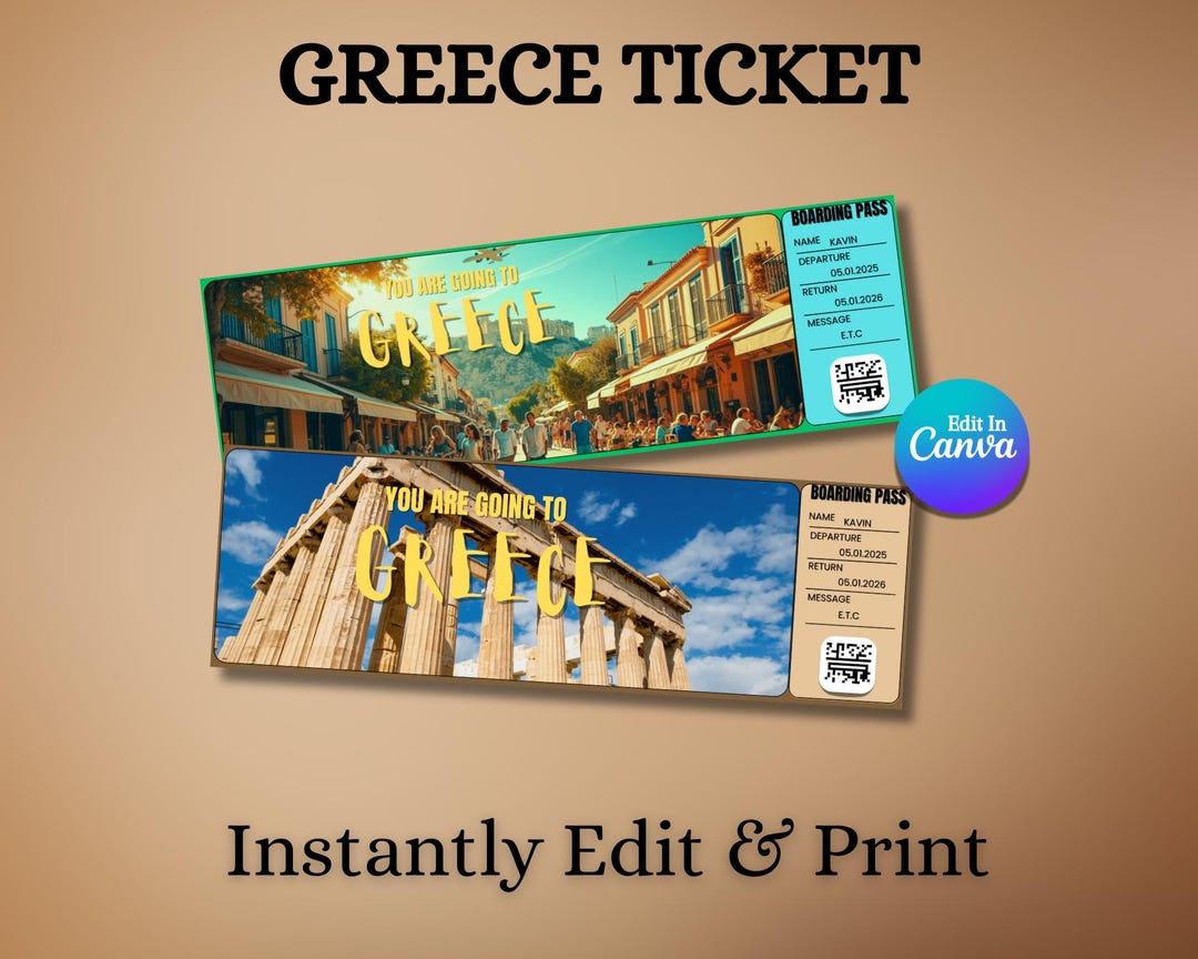 Editable Greece Boarding Pass Ticket, Custom Travel Voucher, Surprise ...