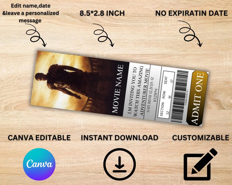 Custom Movie Ticket – Editable Template for Surprise Gift or Movie ...