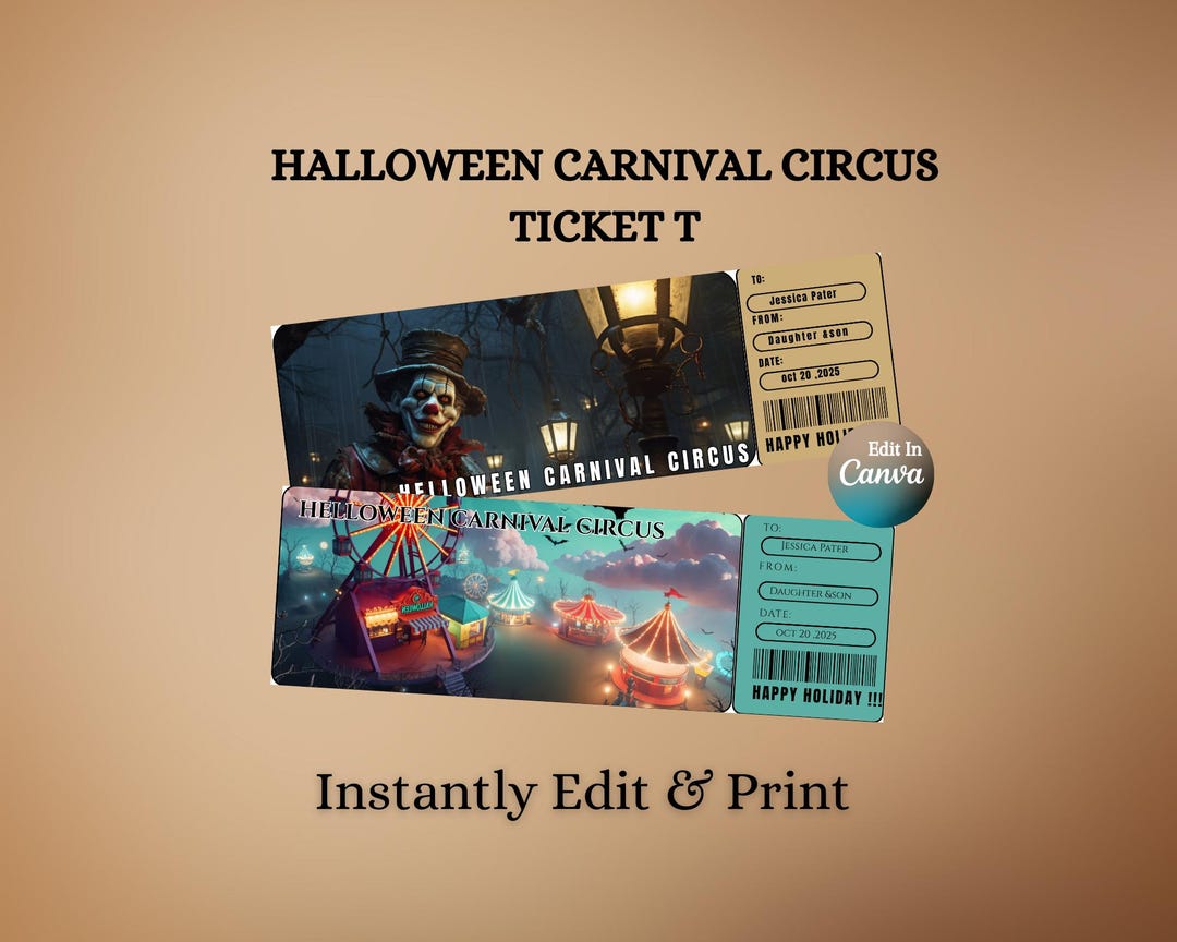 Halloween Carnival Ticket Template: Spooky Circus Party Admission (PDF ...